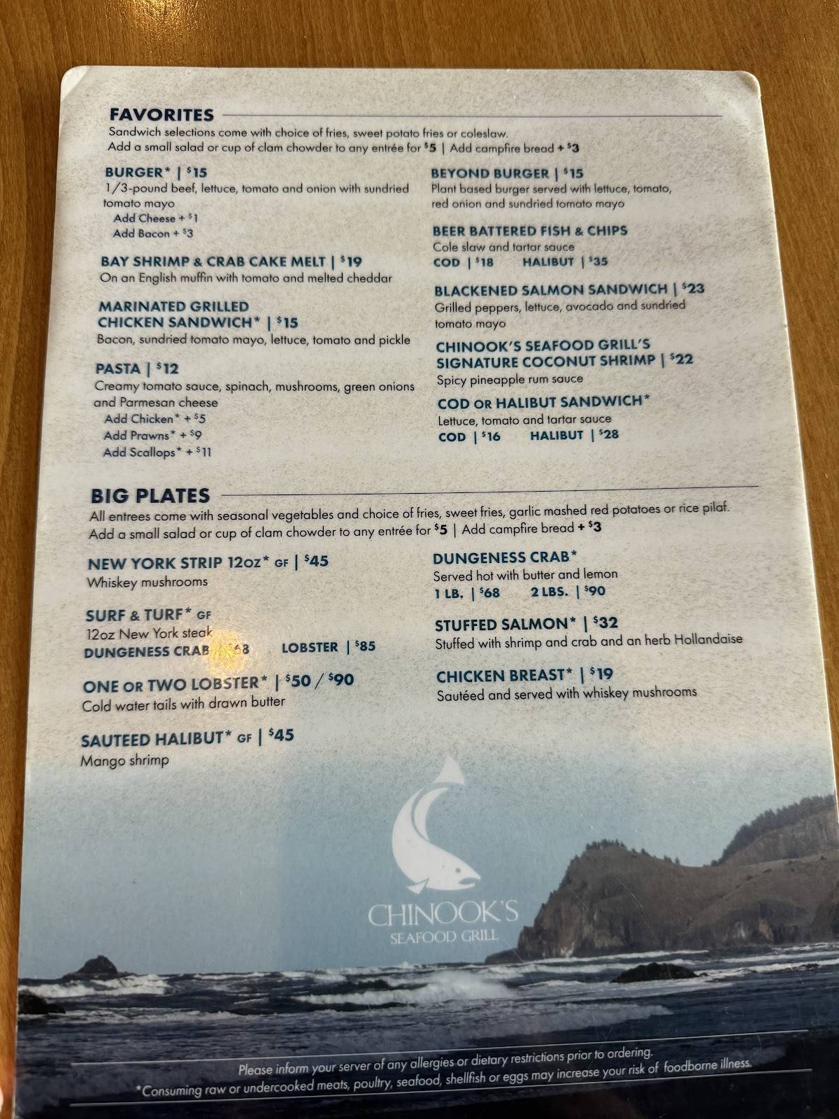 Menu at Chinook's Seafood Grill restaurant, Lincoln City