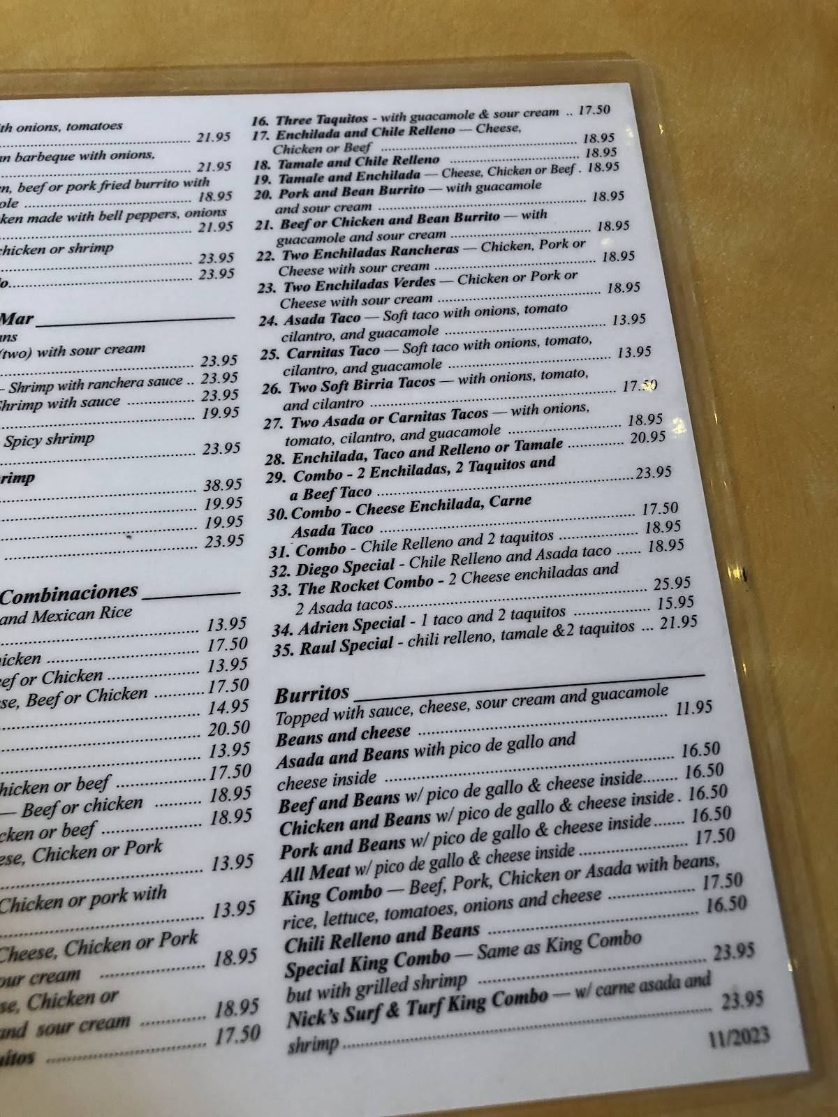 Menu at Chiquita Bonita restaurant, Pasadena