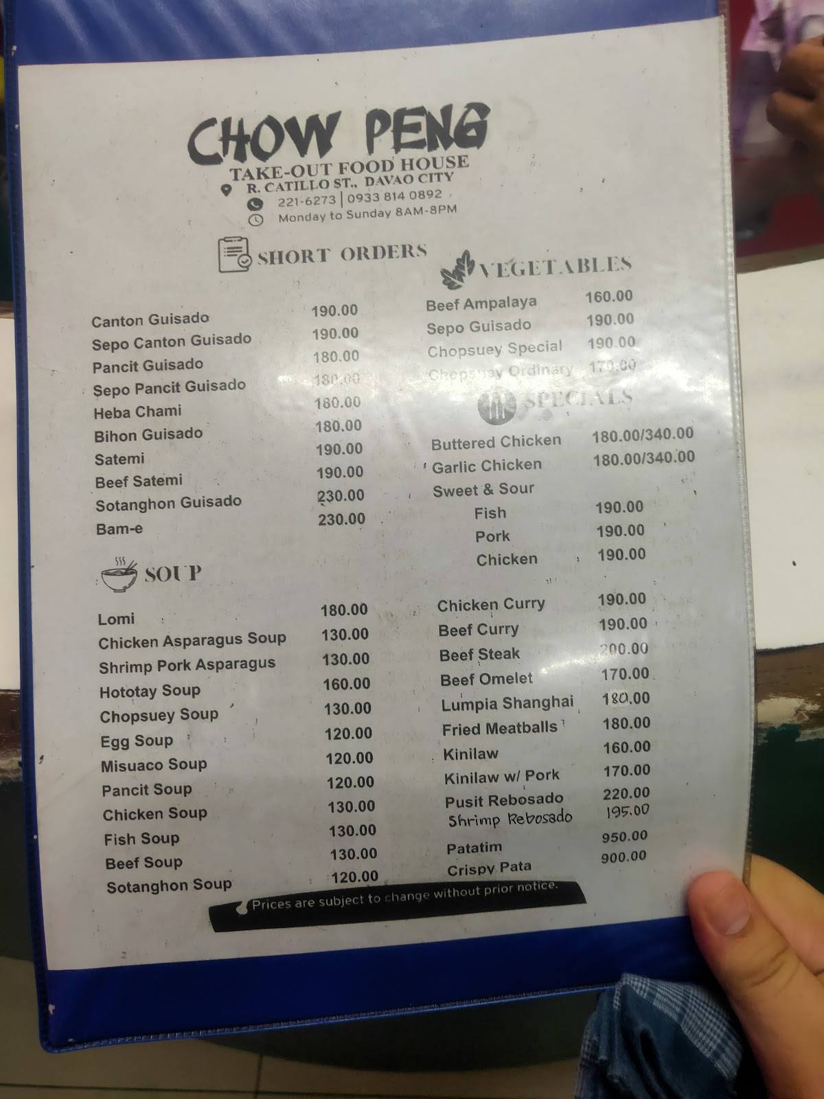 Menu at Chowpeng restaurant, Davao City