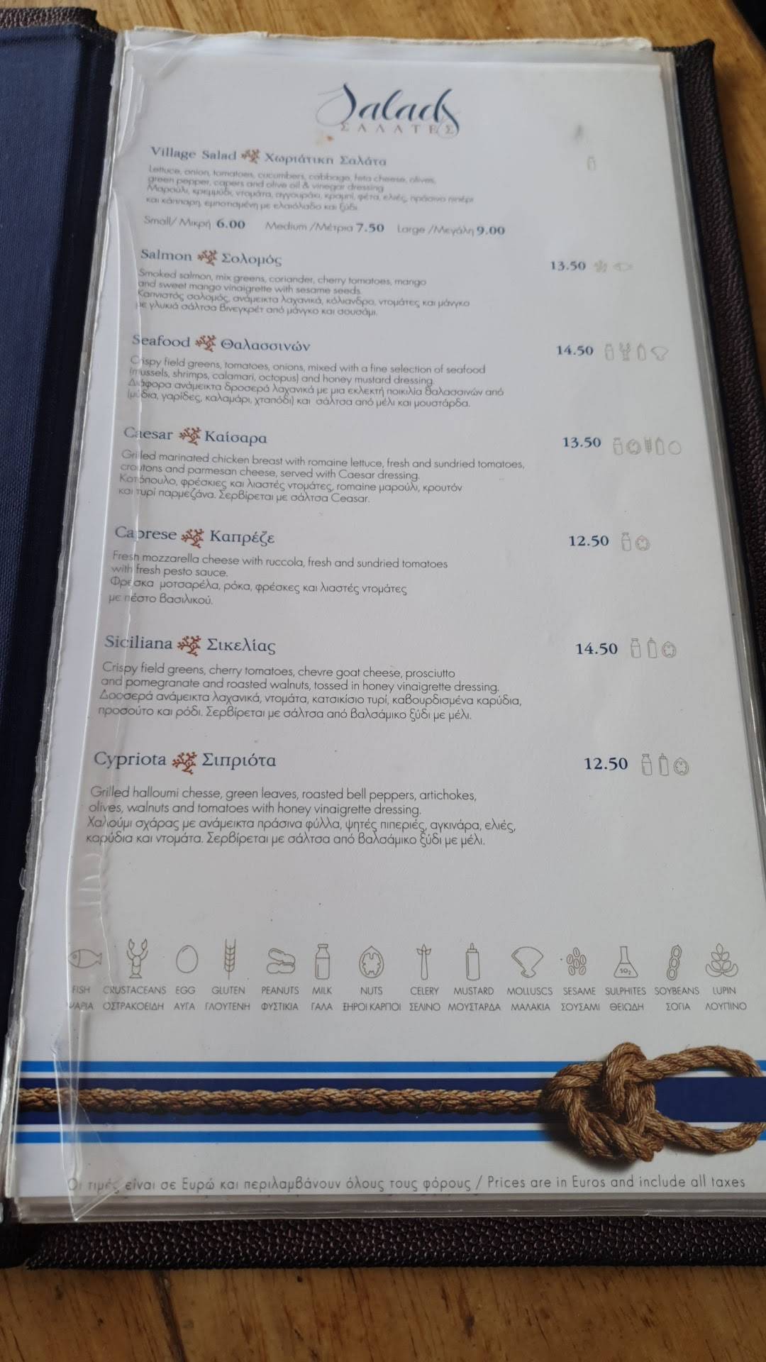 Menu at Chris Blue Beach, Episkopi