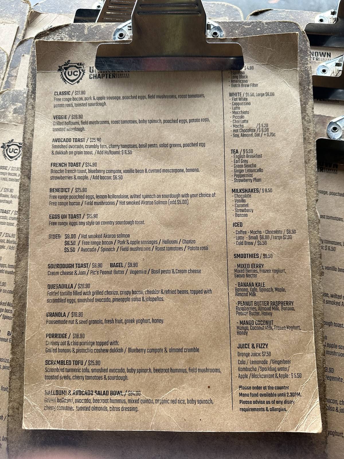 Menu at Unknown Chapter Coffee Roasters cafe, Christchurch