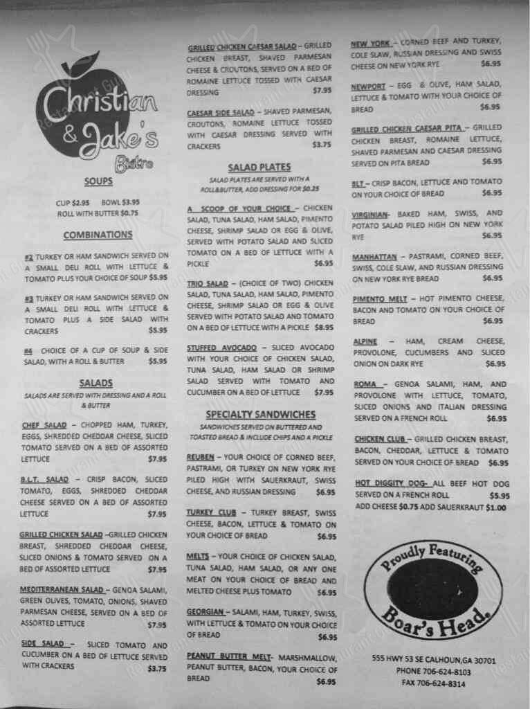 Menu at Christian & Jakes Bistro cafe, Calhoun