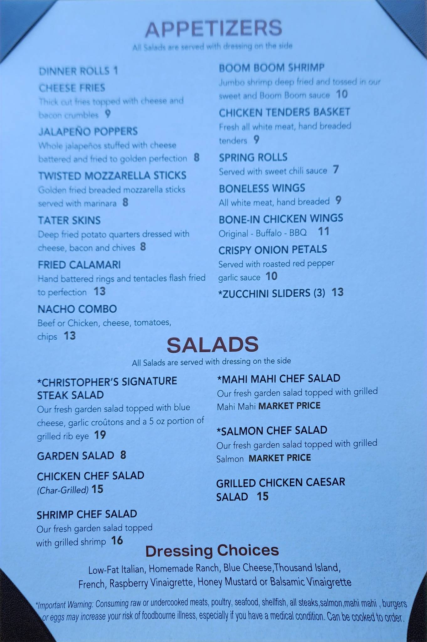 Menu at Christopher's Steakhouse and Seafood, Leland