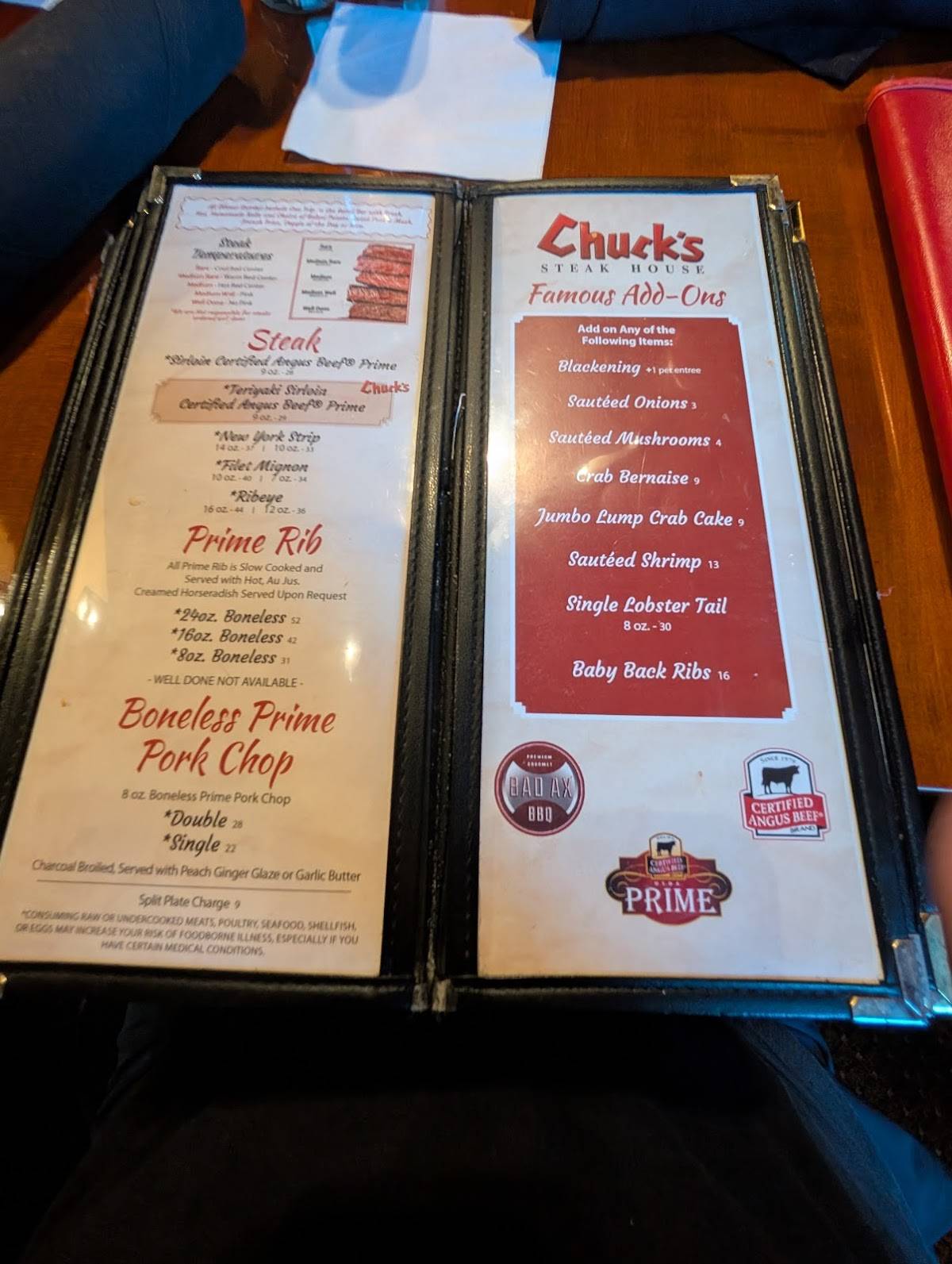 Menu at Chuck's Steak House, Myrtle Beach pub & bar, Myrtle Beach