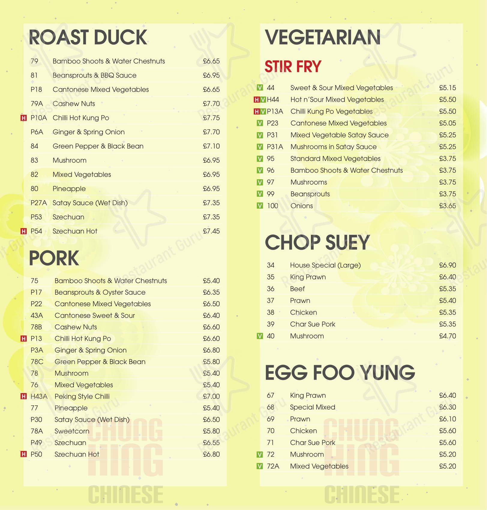 Menu at Chung Hing Chinese restaurant, Norwich