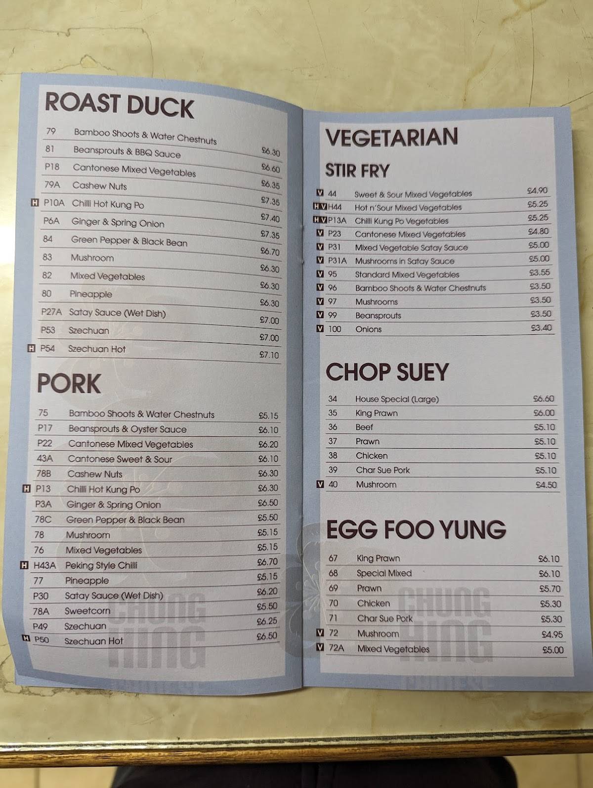 Menu at Chung Hing Chinese restaurant, Norwich
