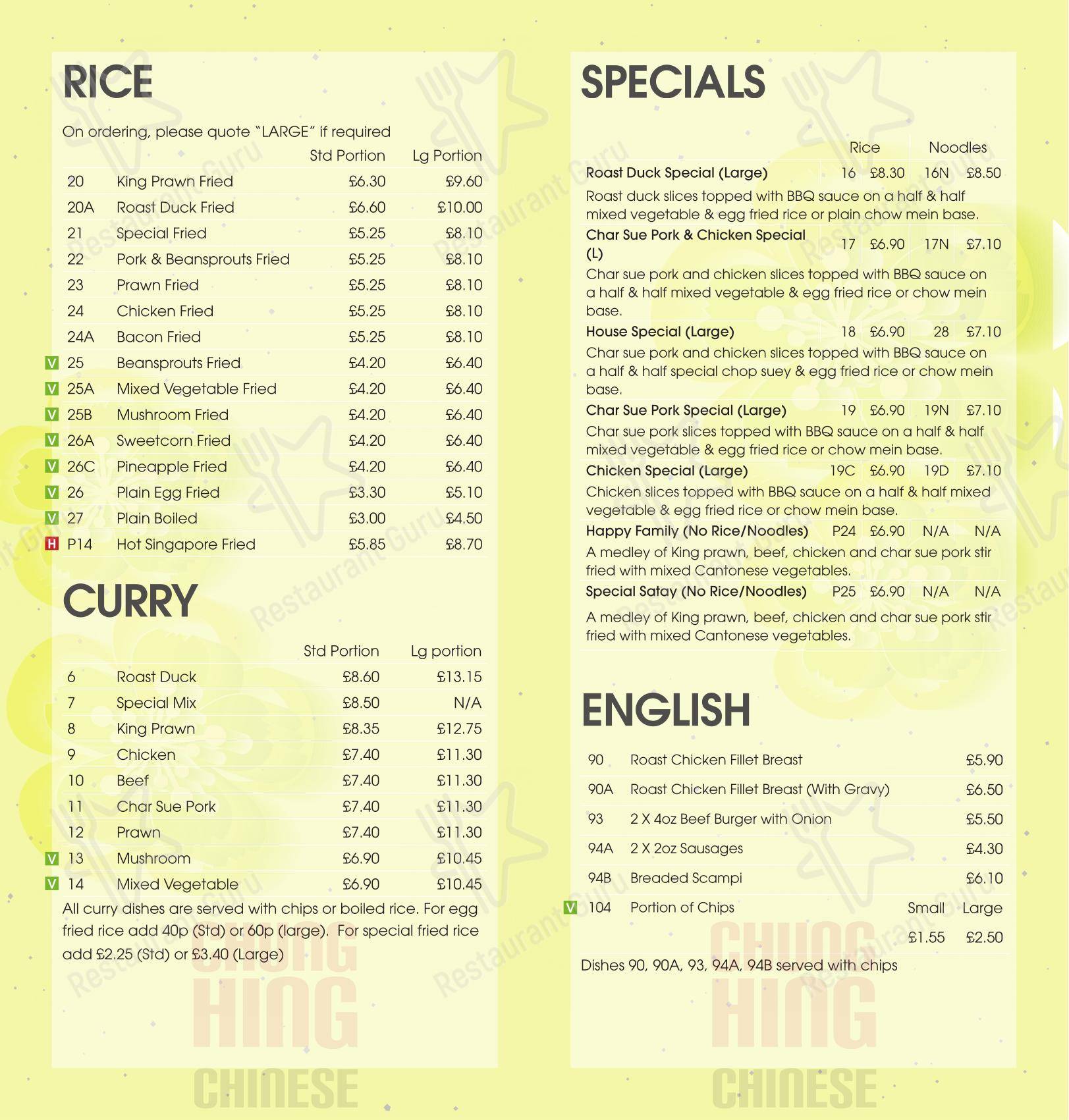 Menu at Chung Hing Chinese restaurant, Norwich