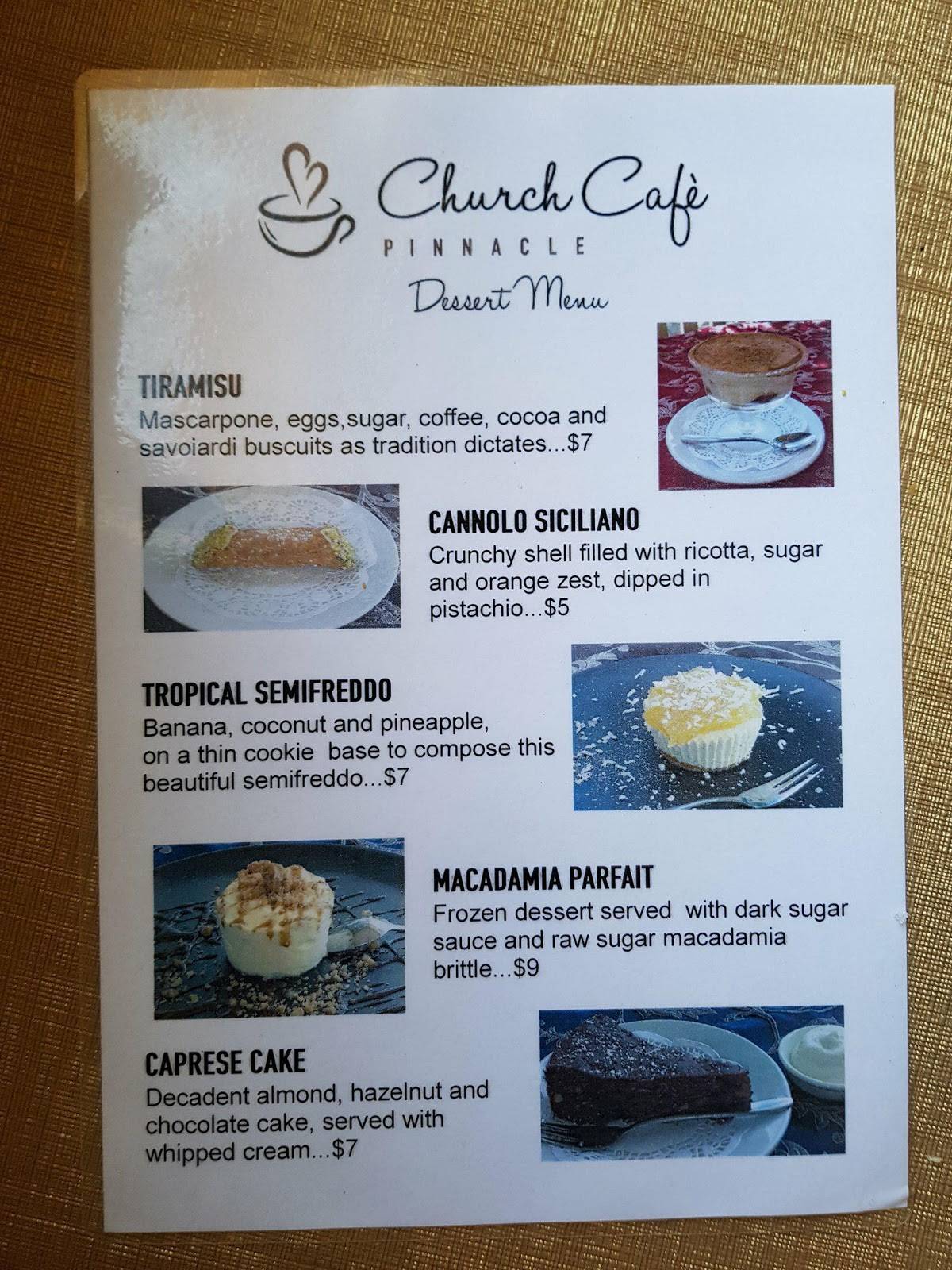 Menu at Church Cafe, Pinnacle