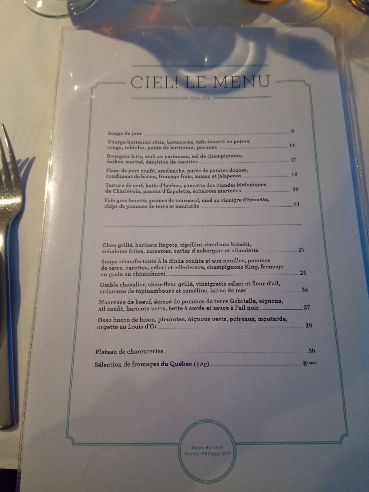 Menu au Ciel! Bistro Bar Tournant, Québec