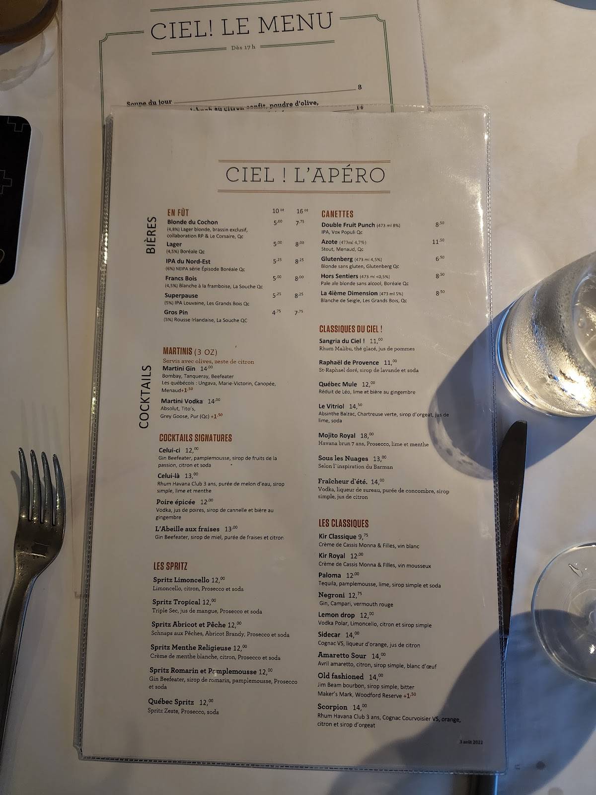 Menu au Ciel! Bistro Bar Tournant, Québec