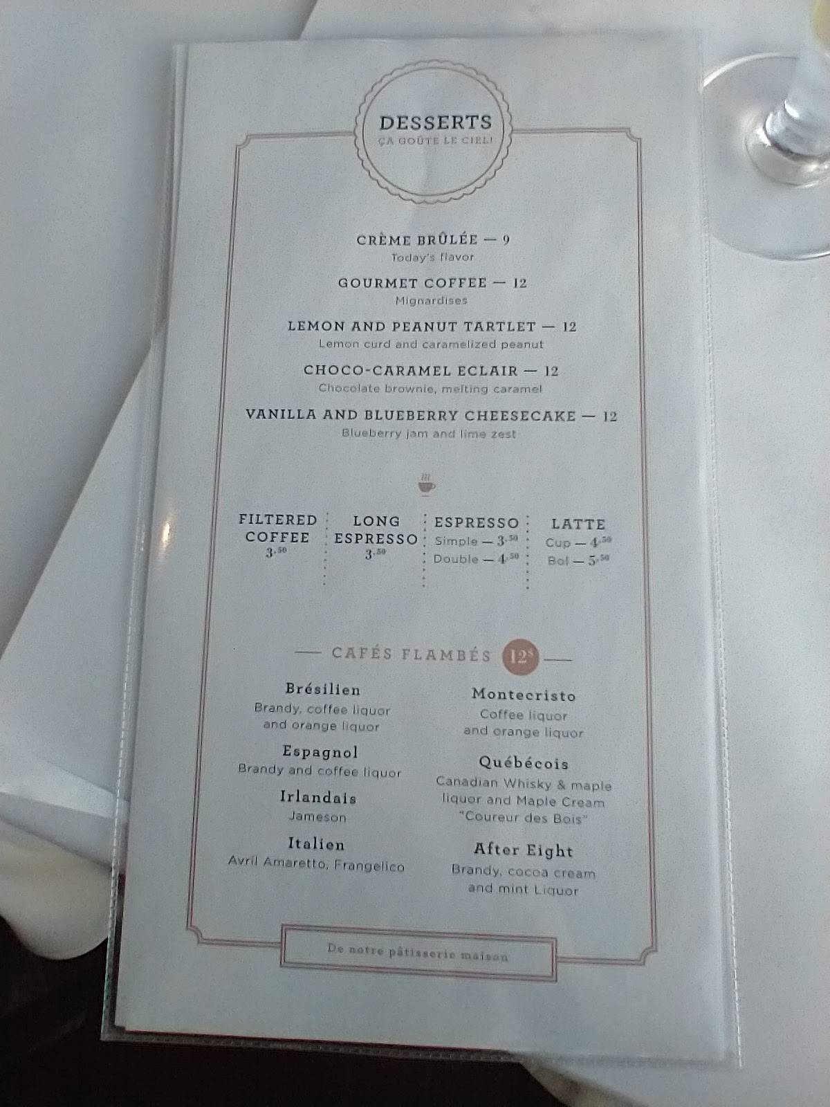 Menu au Ciel! Bistro Bar Tournant, Québec