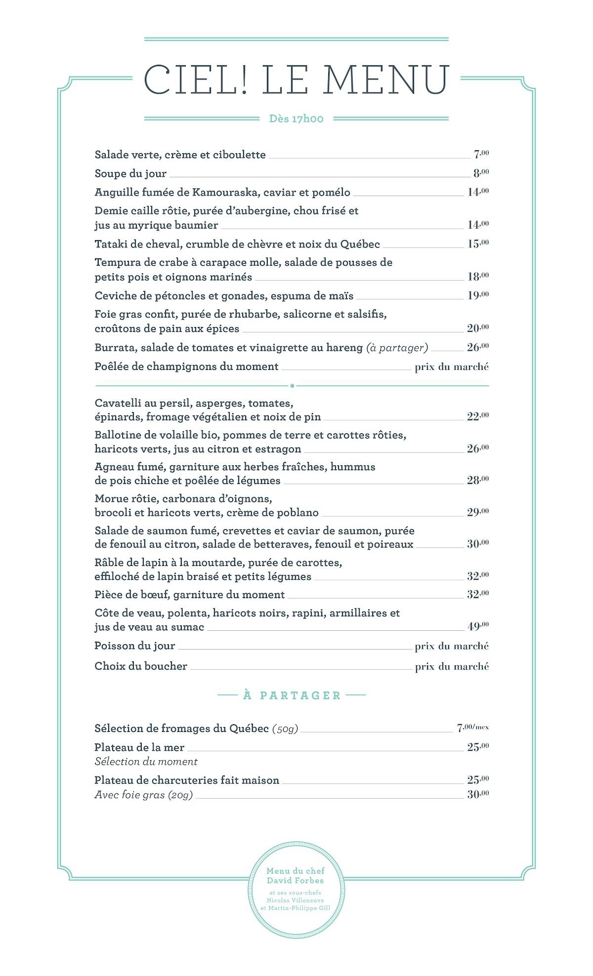 Menu au Ciel! Bistro Bar Tournant, Québec