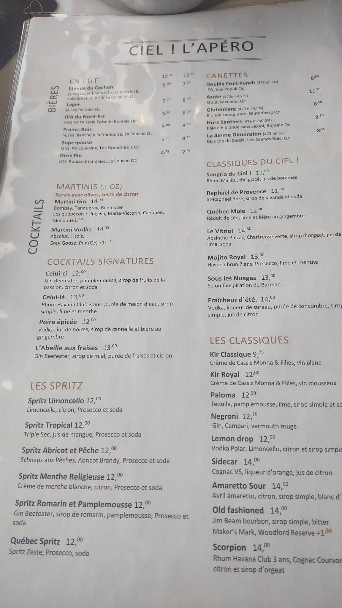 Menu au Ciel! Bistro Bar Tournant, Québec