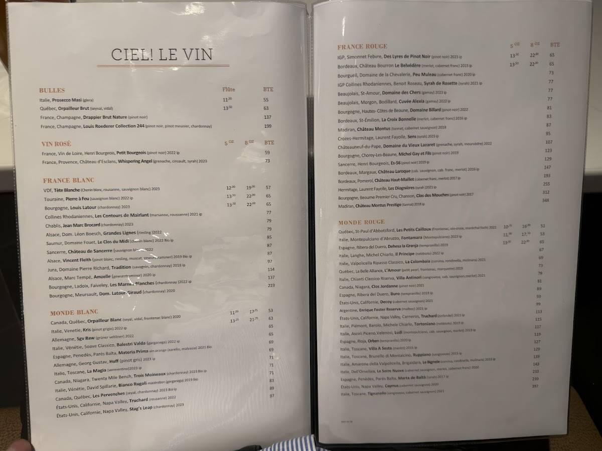 Menu at Ciel! Bistro-bar, Québec City
