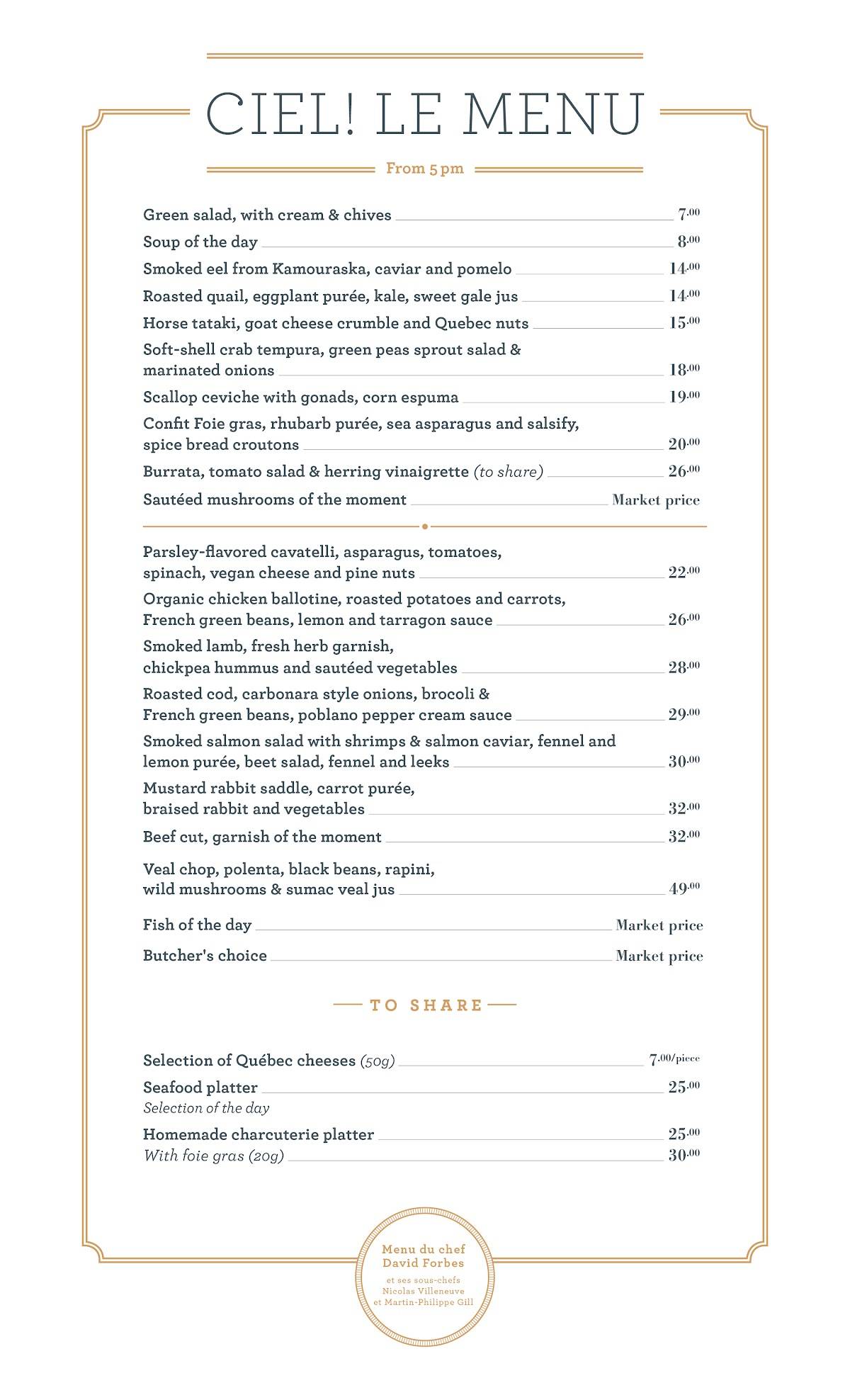 Menu au Ciel! Bistro Bar Tournant, Québec