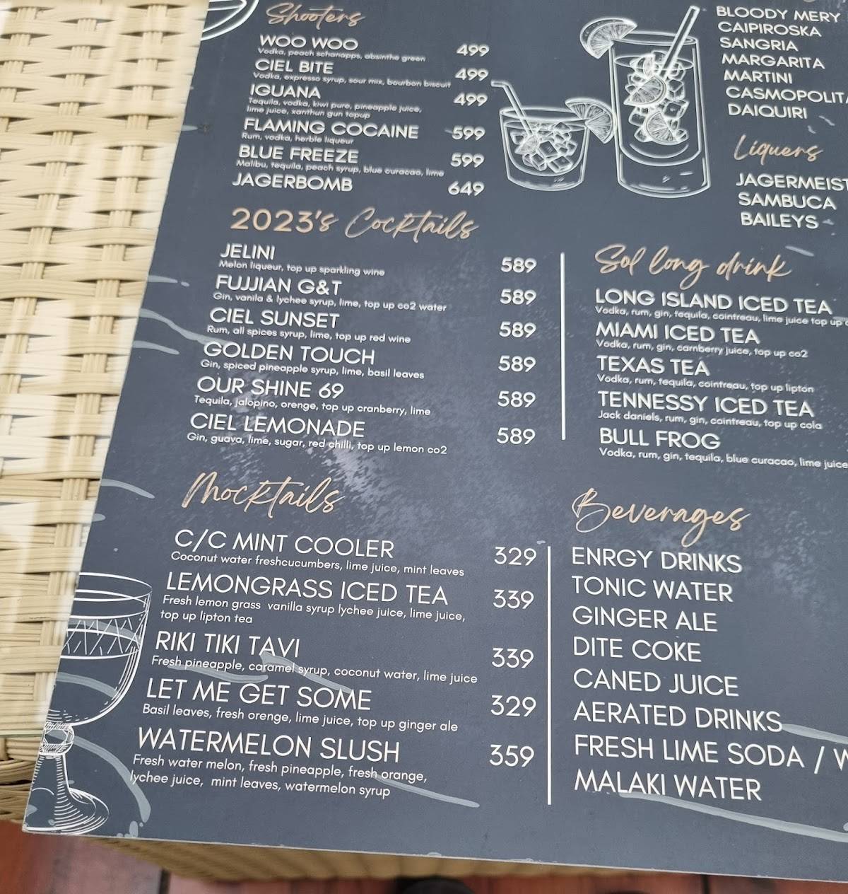Menu at Ciel, Mumbai