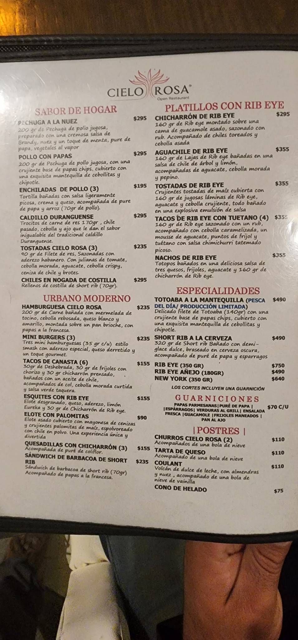 Menu at Cielo Rosa Open Restaurant, Durango