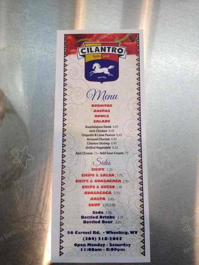Menu at Cilantro Latin Grill restaurant, Wheeling