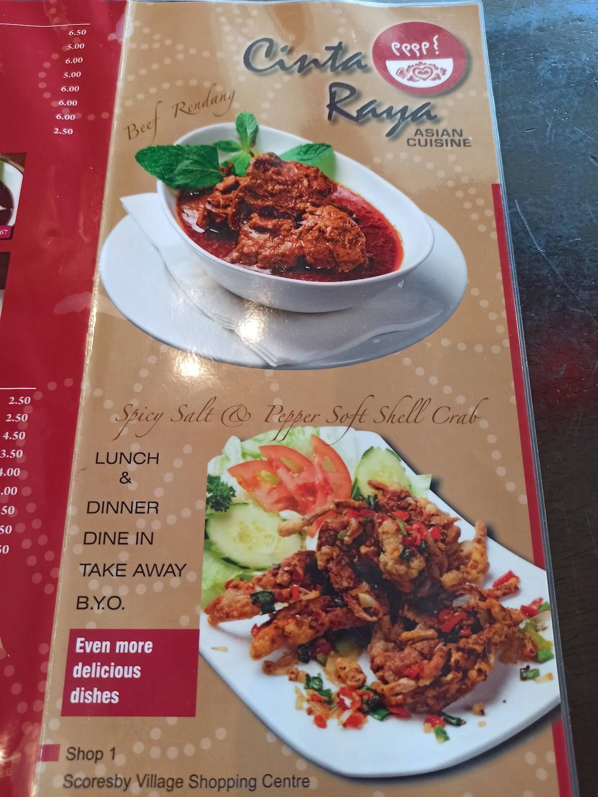 Menu at Cinta Raya Restaurant, Scoresby