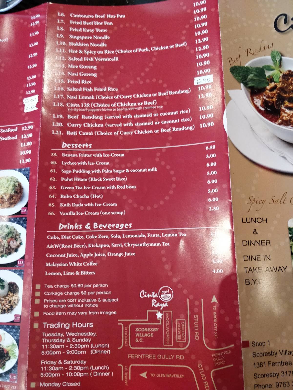 Menu at Cinta Raya Restaurant, Scoresby