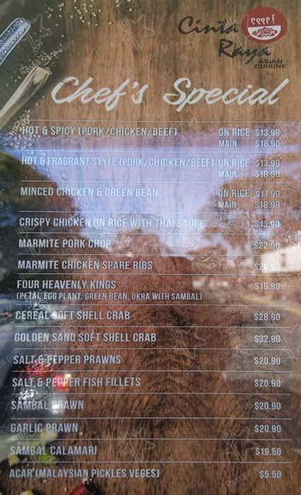 Menu at Cinta Raya Restaurant, Scoresby