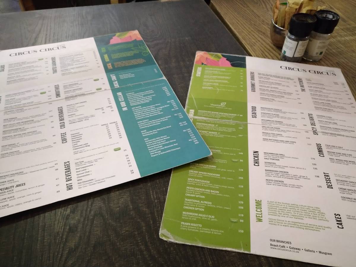 Menu at Circus Circus Gateway restaurant, Durban North, Shop G020