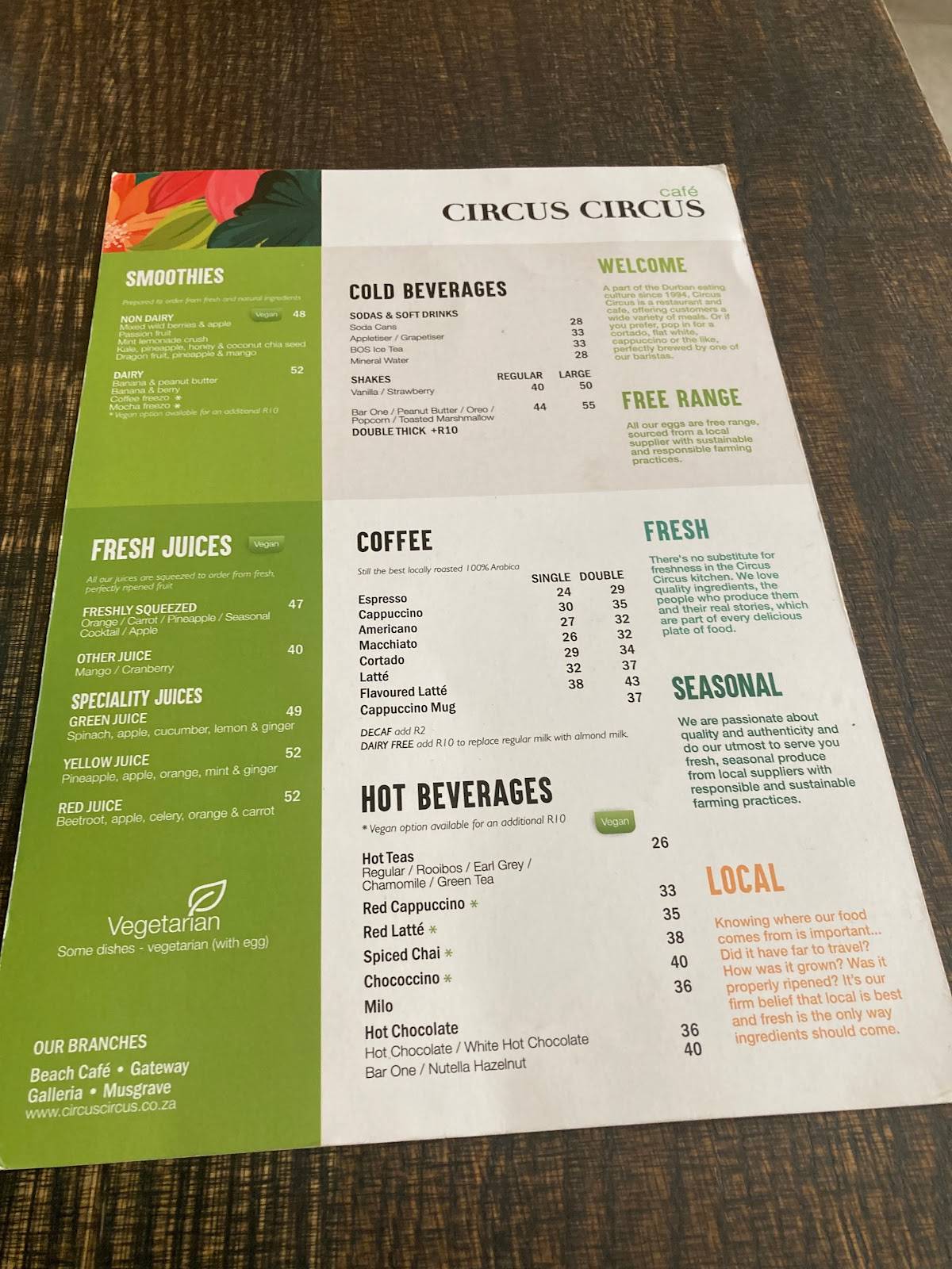 Menu at Circus Circus Gateway restaurant, Durban North, Shop G020