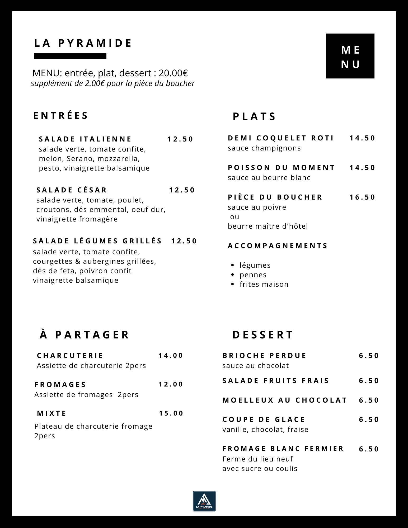 Menu au Cit'Hotel la Pyramide restaurant, Romorantin-Lanthenay