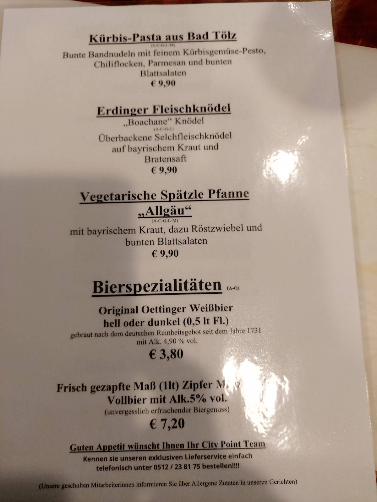 Menu at City Point Restaurant and Delivery, Innsbruck