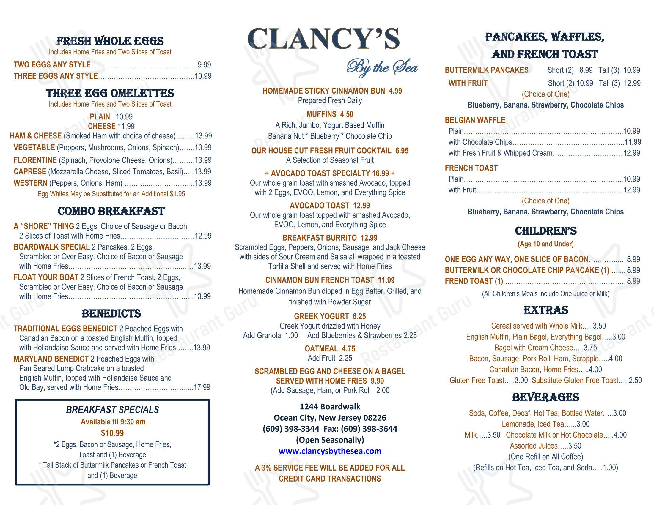 Menu at Clancy's by the Sea restaurant, Ocean City