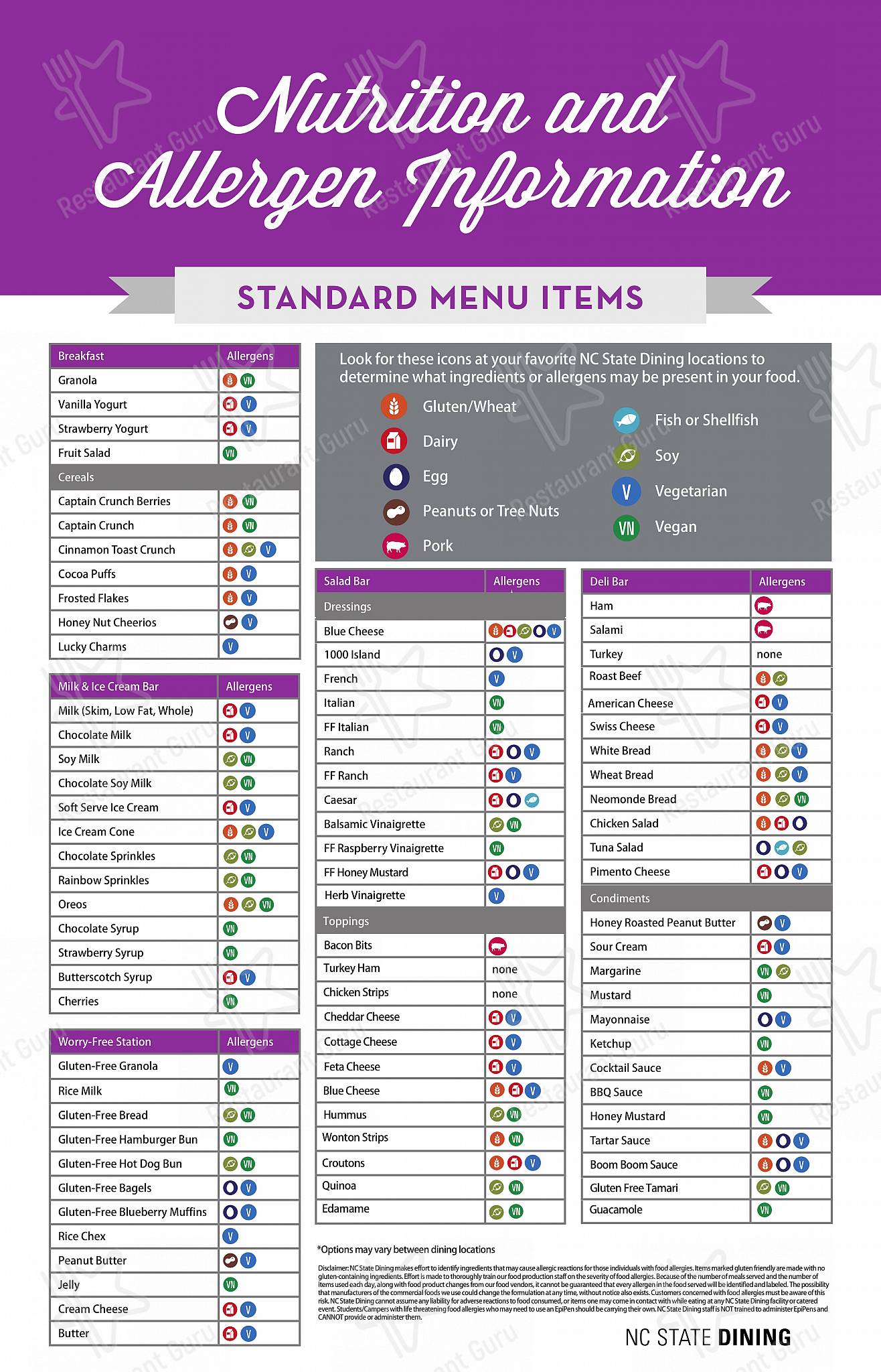 Menu at Clark Dining Hall cafeteria, Raleigh