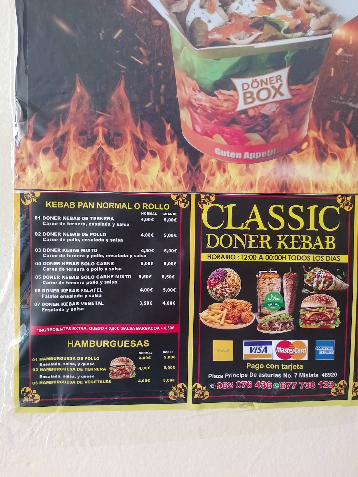 Menu at Classic Doner Kebab restaurant, Mislata