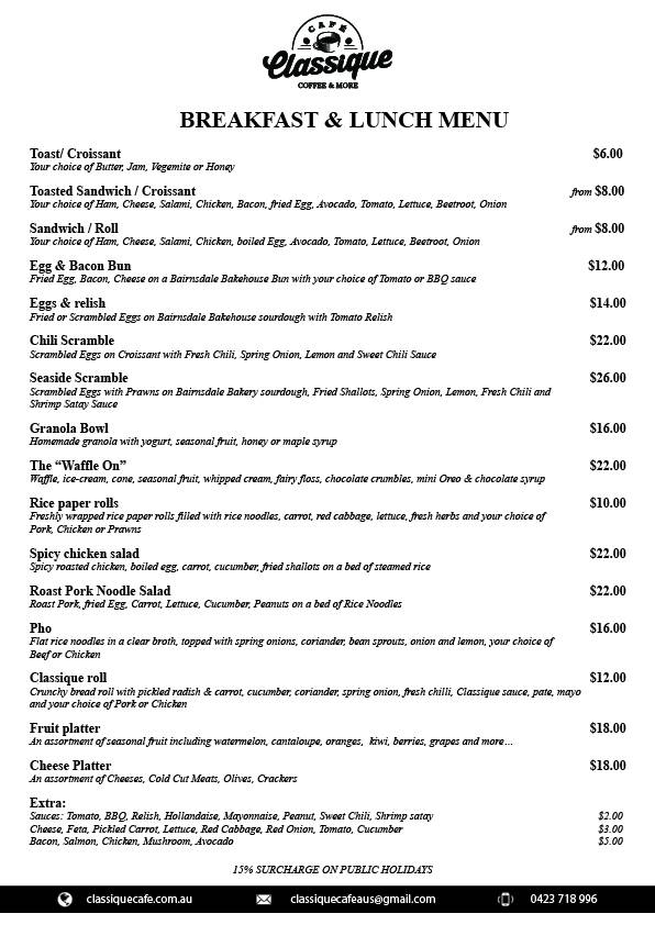 Menu at Classique Café cafe, Bairnsdale