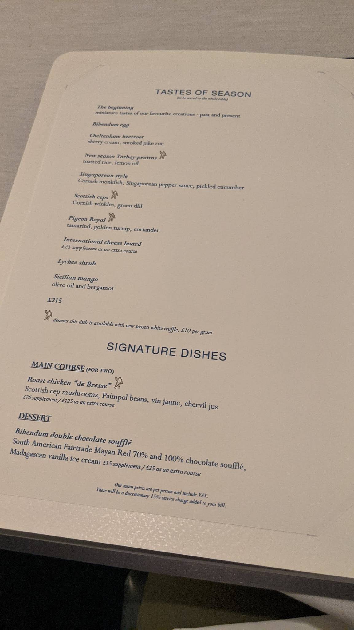 Menu at Claude Bosi at Bibendum pub & bar, London