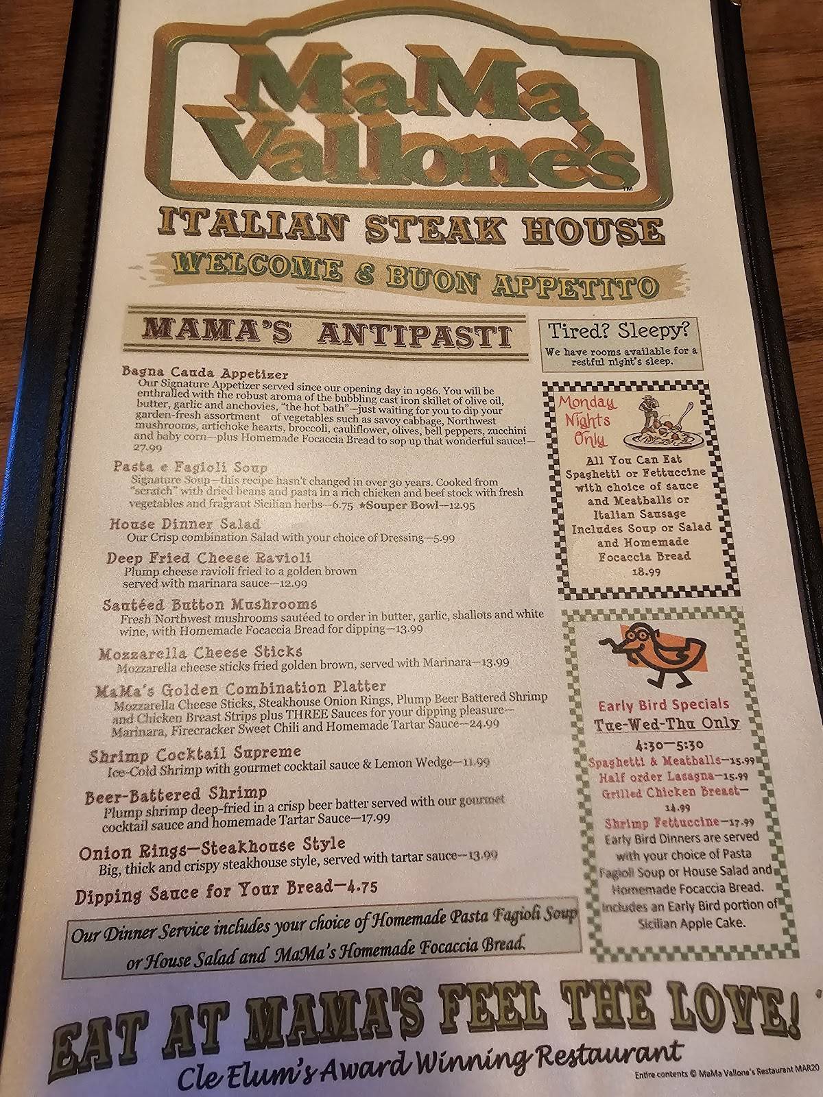 Menu at MaMa Vallone's Steak House steakhouse, Cle Elum
