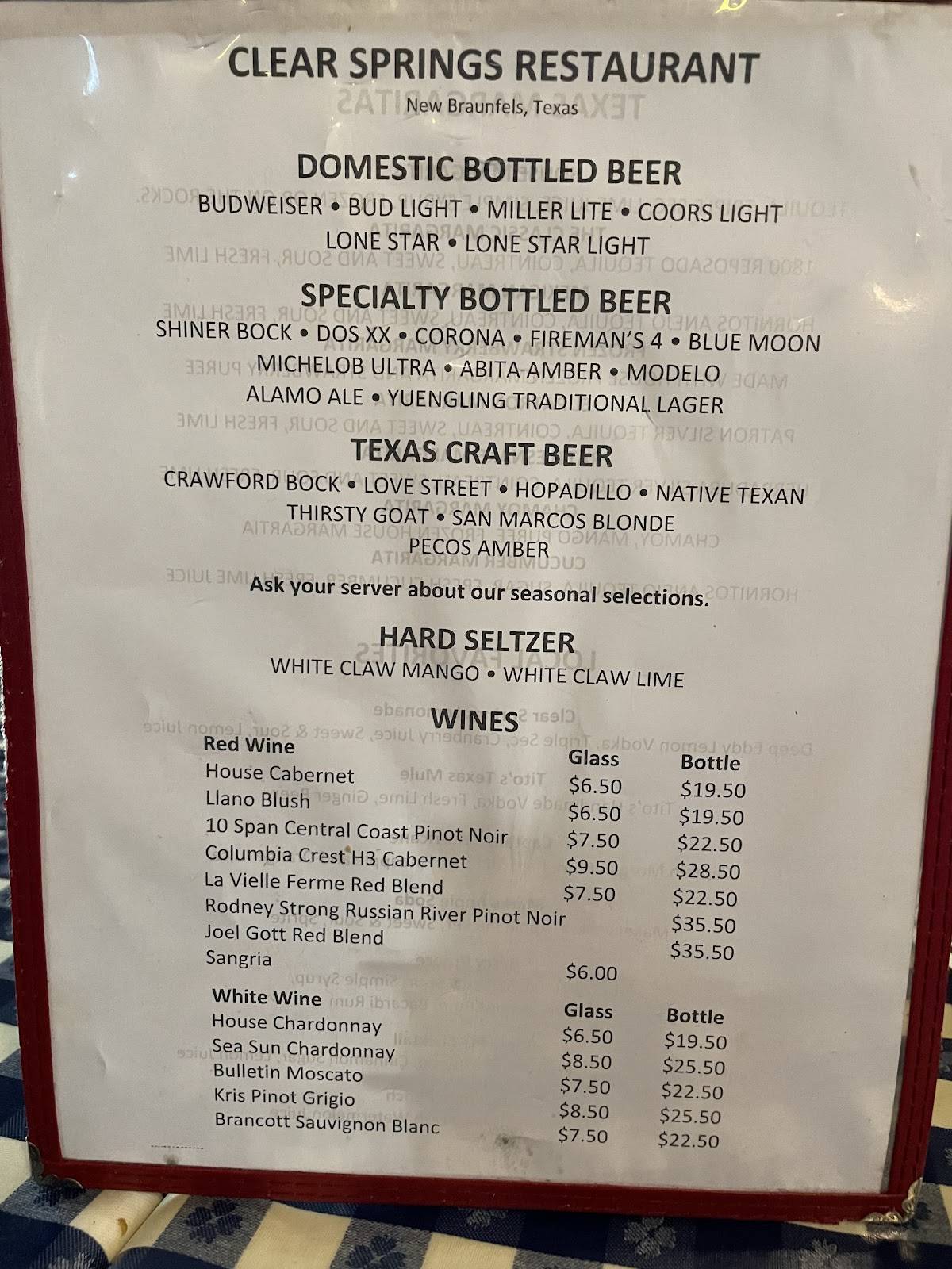 Menu at Clear Springs Restaurant, New Braunfels, TX-46