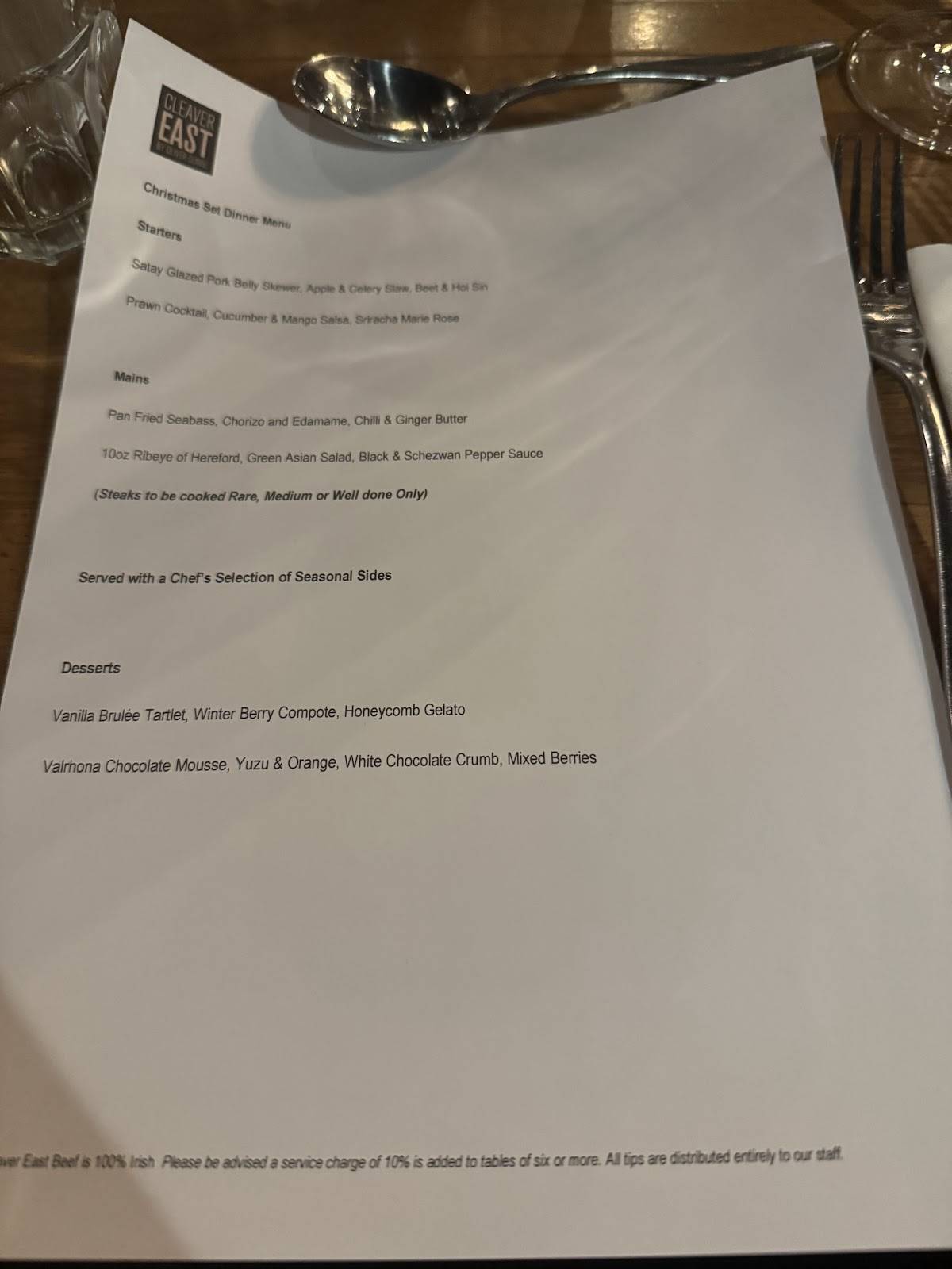 Menu at Cleaver East restaurant, Dublin