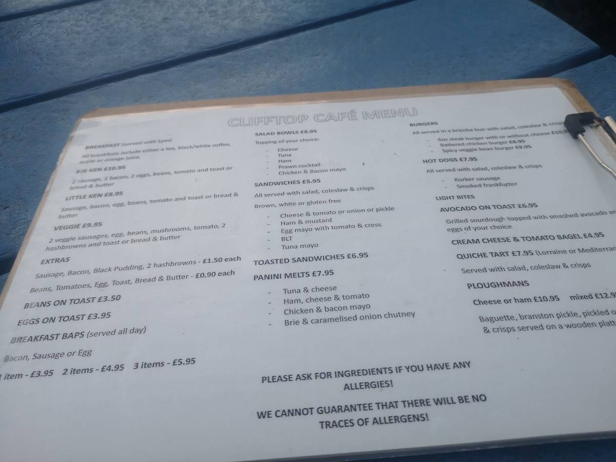 Menu at Cliff Top Cafe, Folkestone