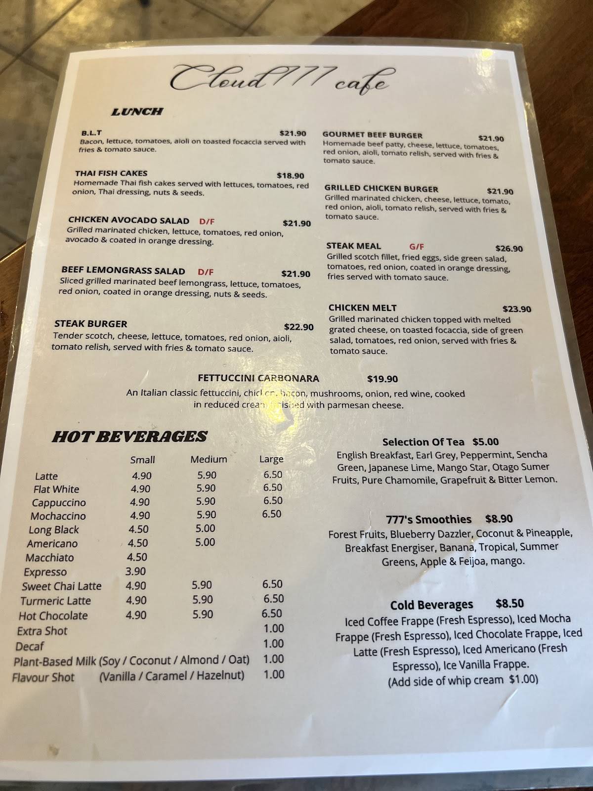 Menu at Cloud 777 Cafe, Auckland, 165 Harris Rd