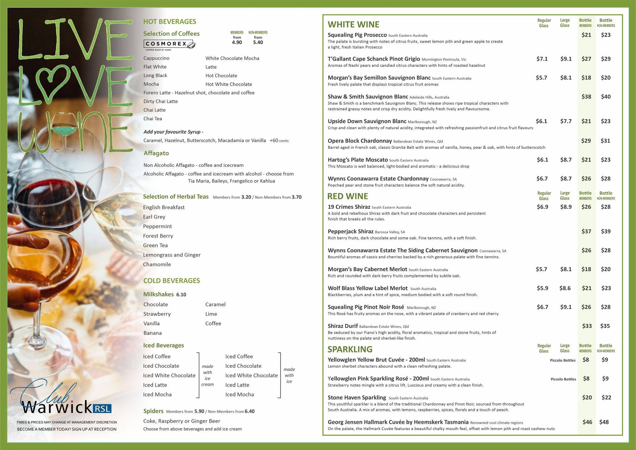 Menu at Club Warwick RSL, Warwick
