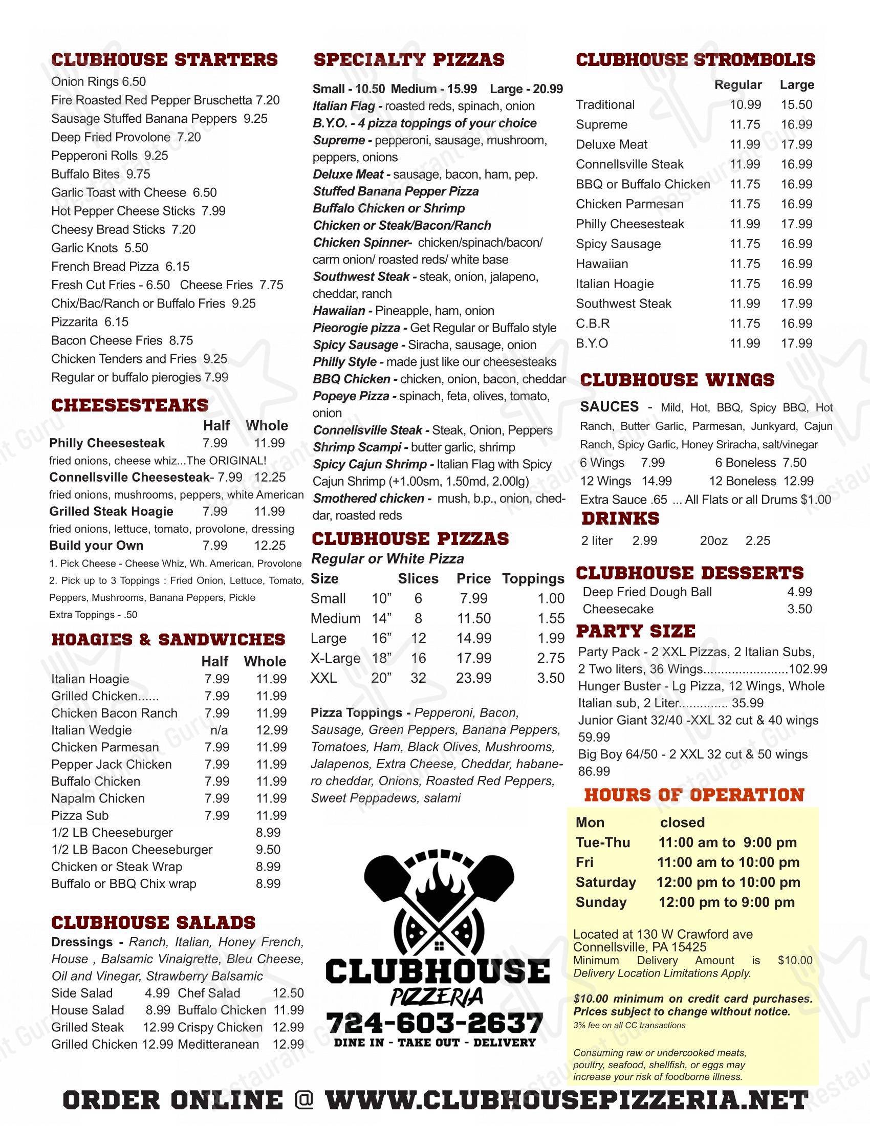 Menu at Clubhouse Pizzeria, Connellsville