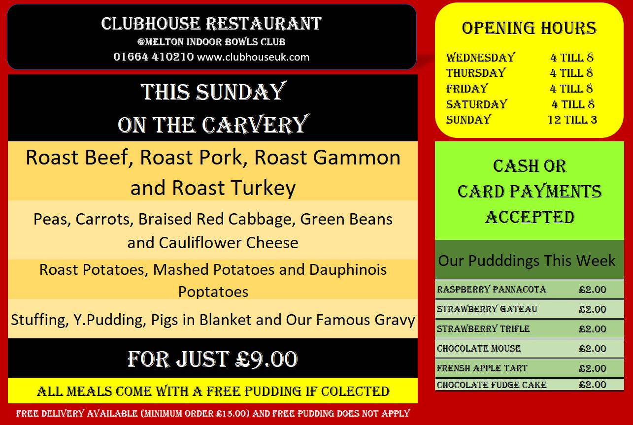 Menu at Clubhouse at the Bowls Club Melton Mowbray, Melton Mowbray