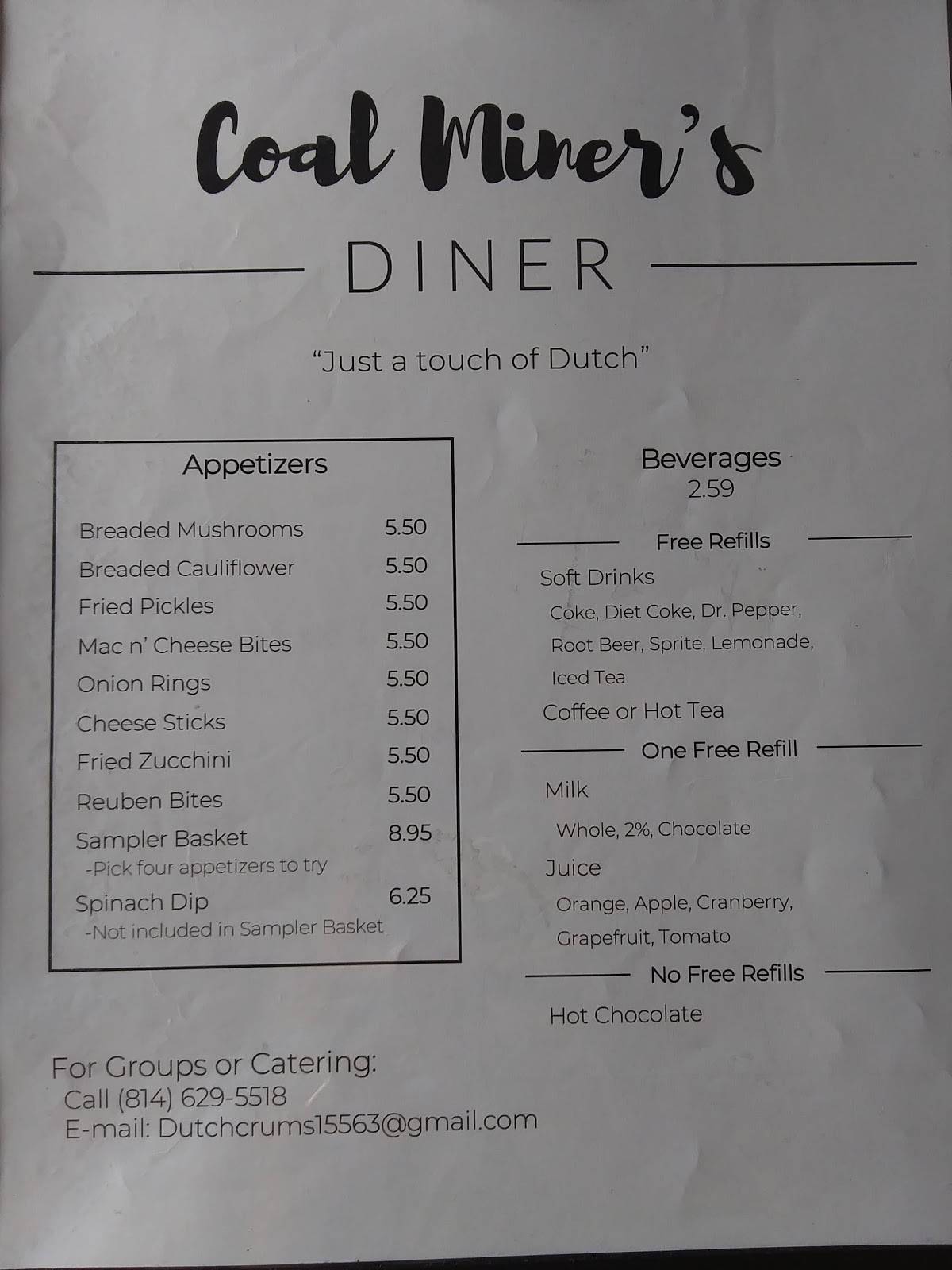 Menu at Coal Miner's Diner restaurant, Jennerstown