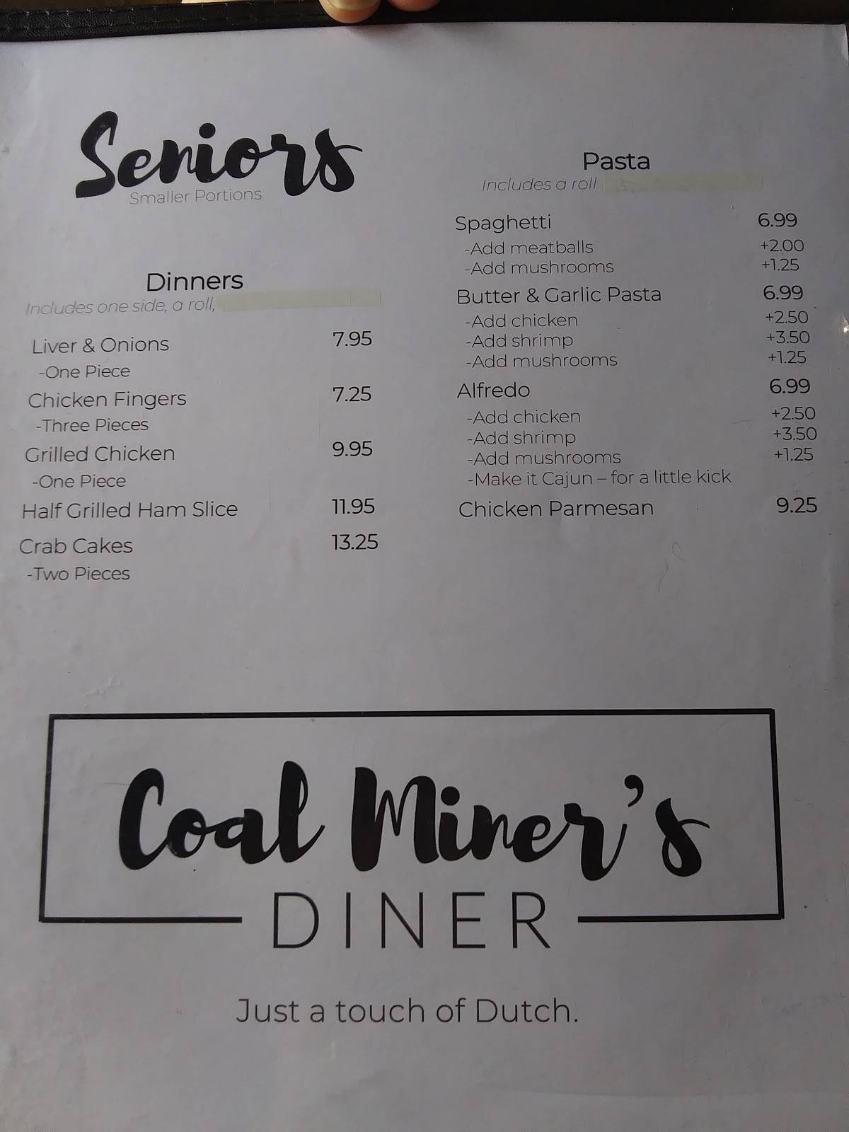 Menu at Coal Miner's Diner restaurant, Jennerstown
