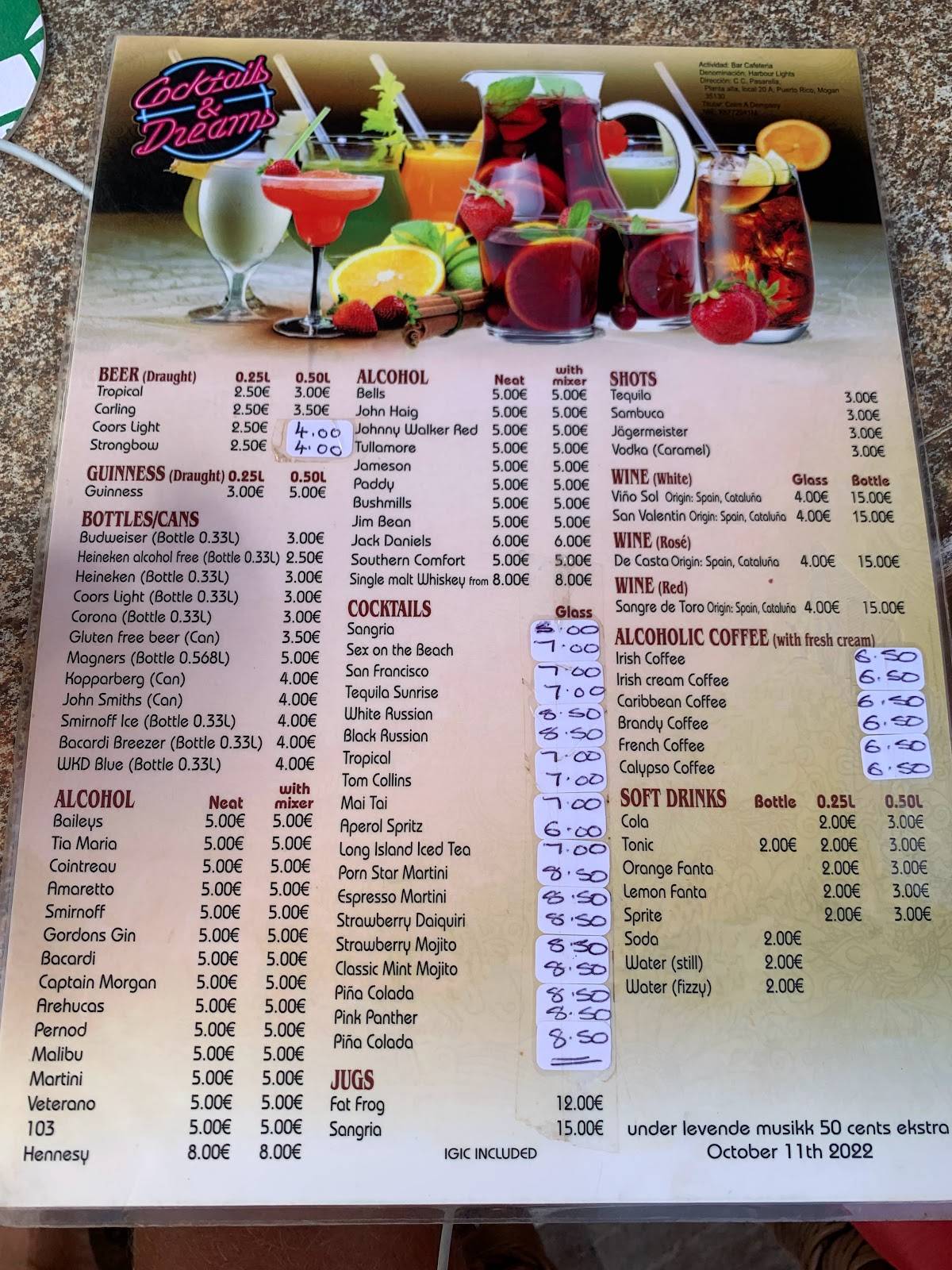 Menu at Coctelería Harbour Lights pub & bar, Barranco de la Verga