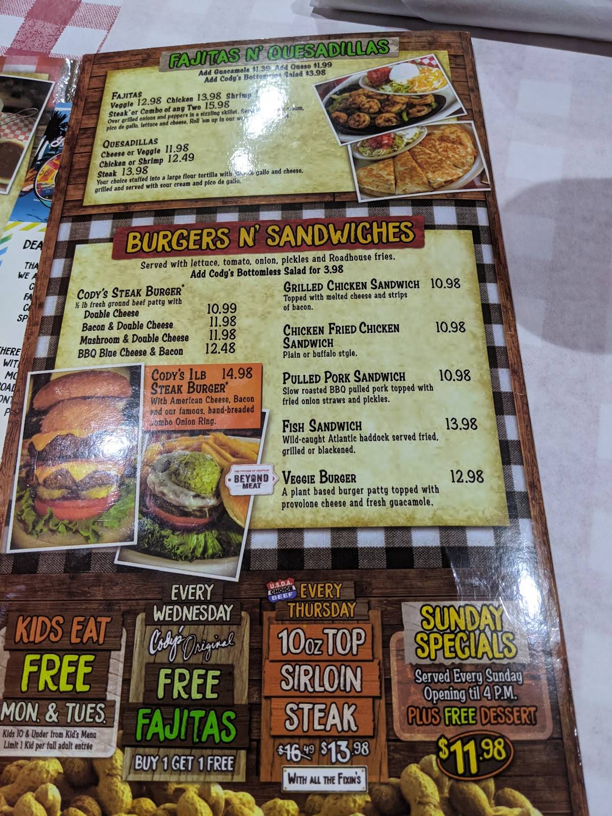 Menu at Cody's Original Roadhouse - Sebring pub & bar, Sebring