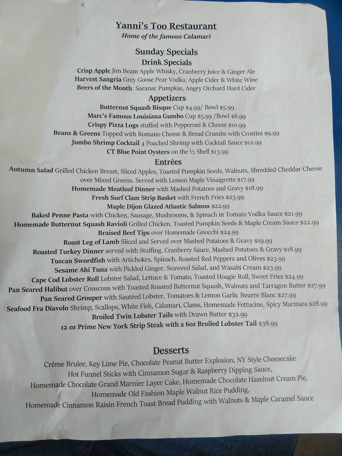 Menu at Yanni's Too restaurant, Coeymans