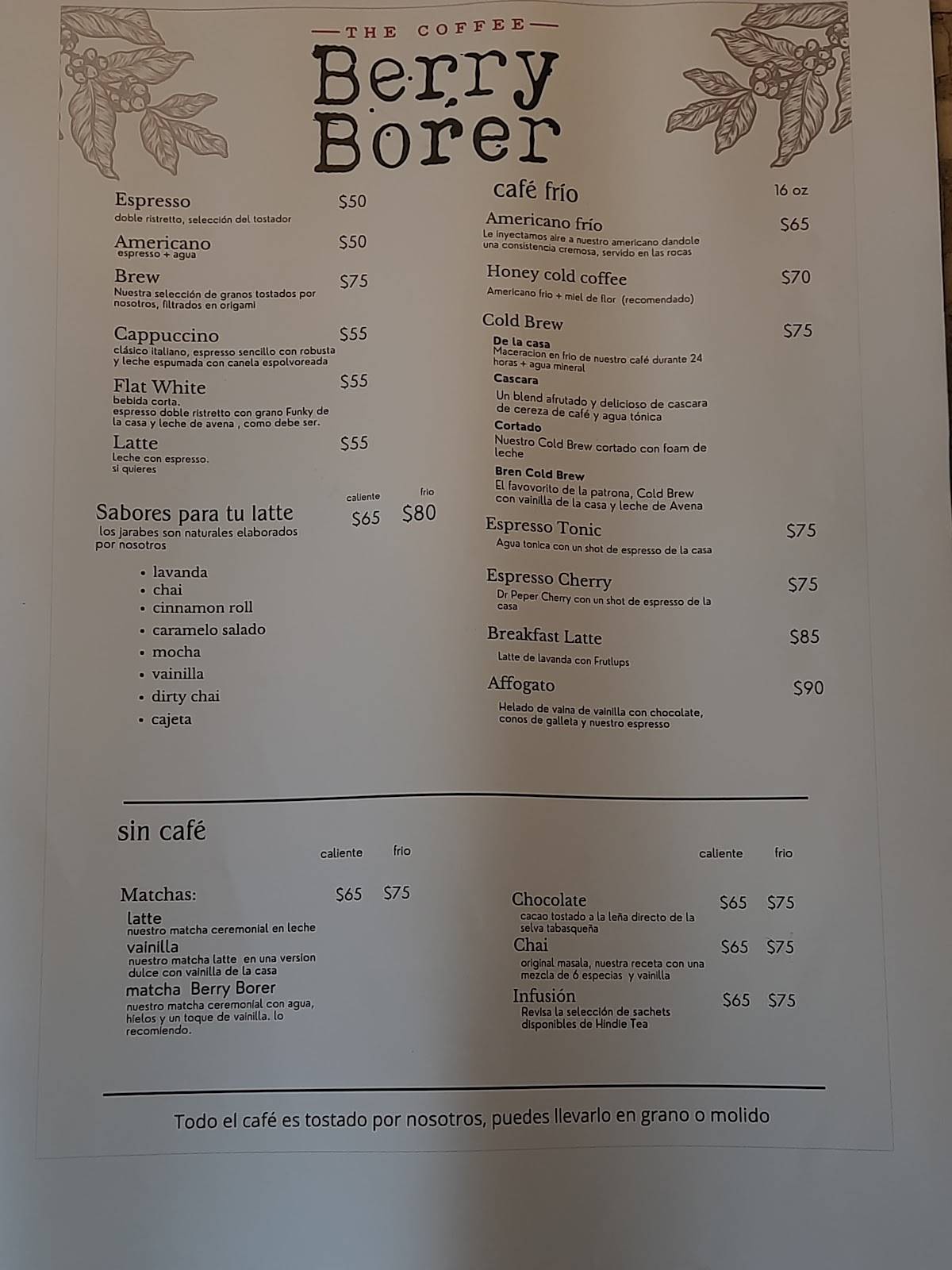 Menu at Coffee Berry Borer restaurant, Monterrey