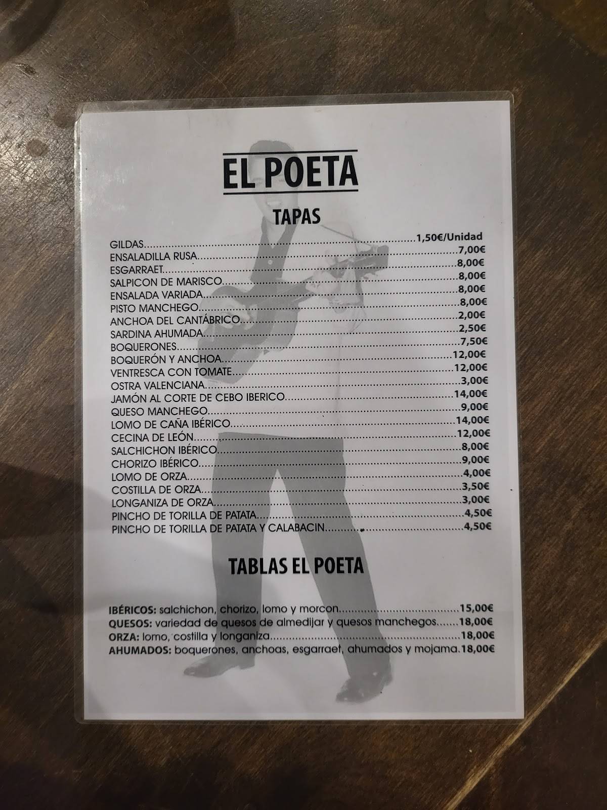 Menu at Taberna Poeta restaurant, Valencia, Gran Via de Ferran el Catòlic
