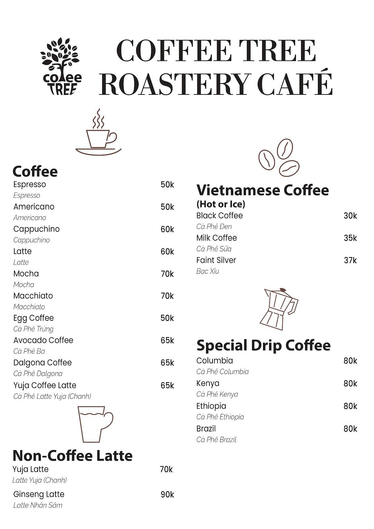 Menu at Coffee Tree Roaster Cafe, Ho Chi Minh City